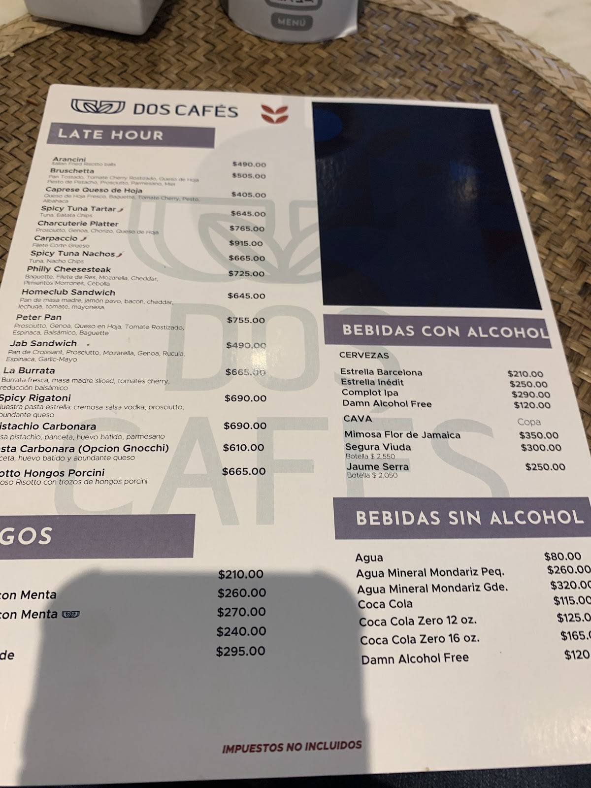 Menu at Dos Cafes, Santo Domingo