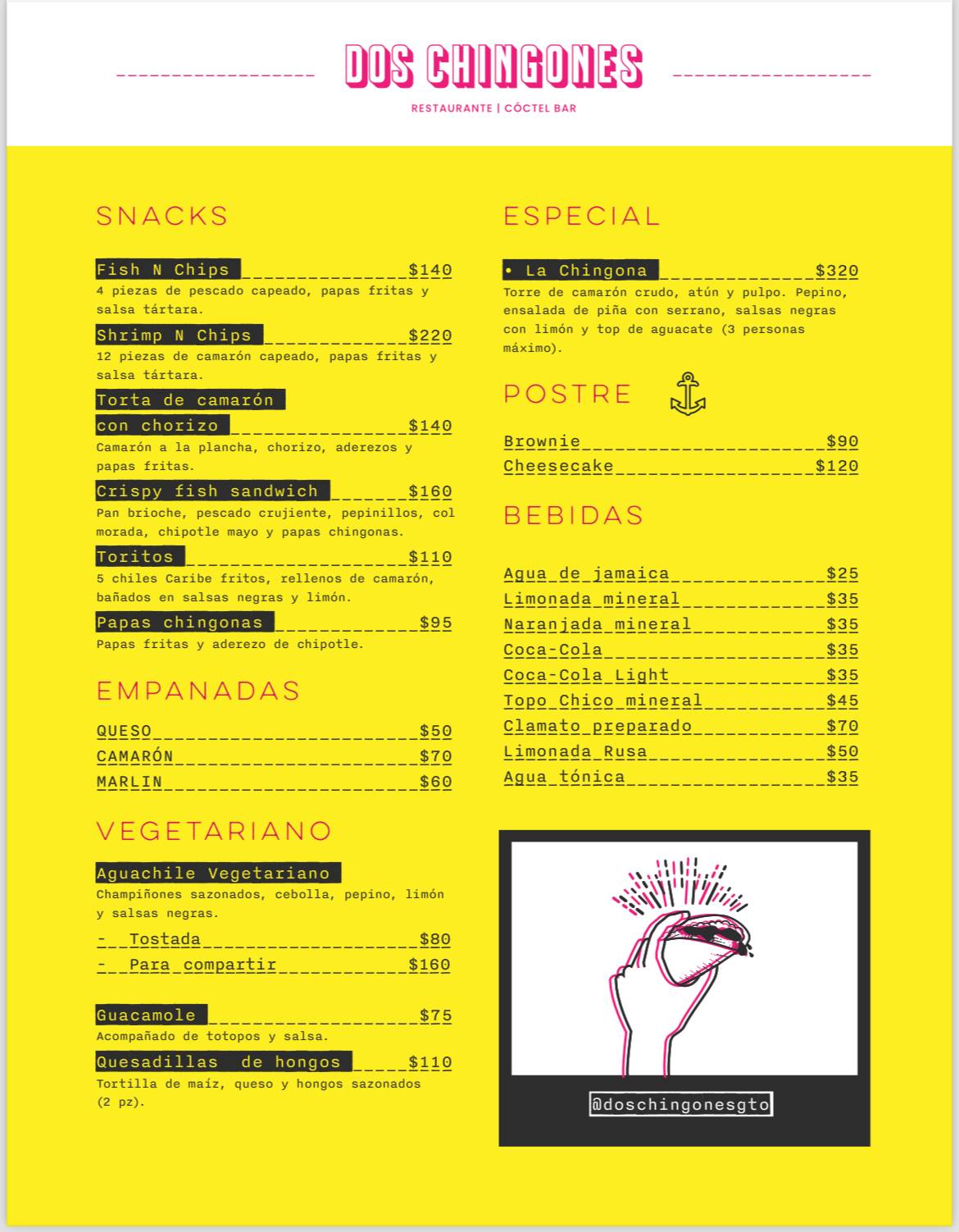 Carta del restaurante Dos Chingones Presa, Guanajuato