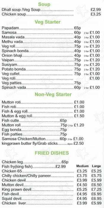Menu at Dosa sambal restaurant, London