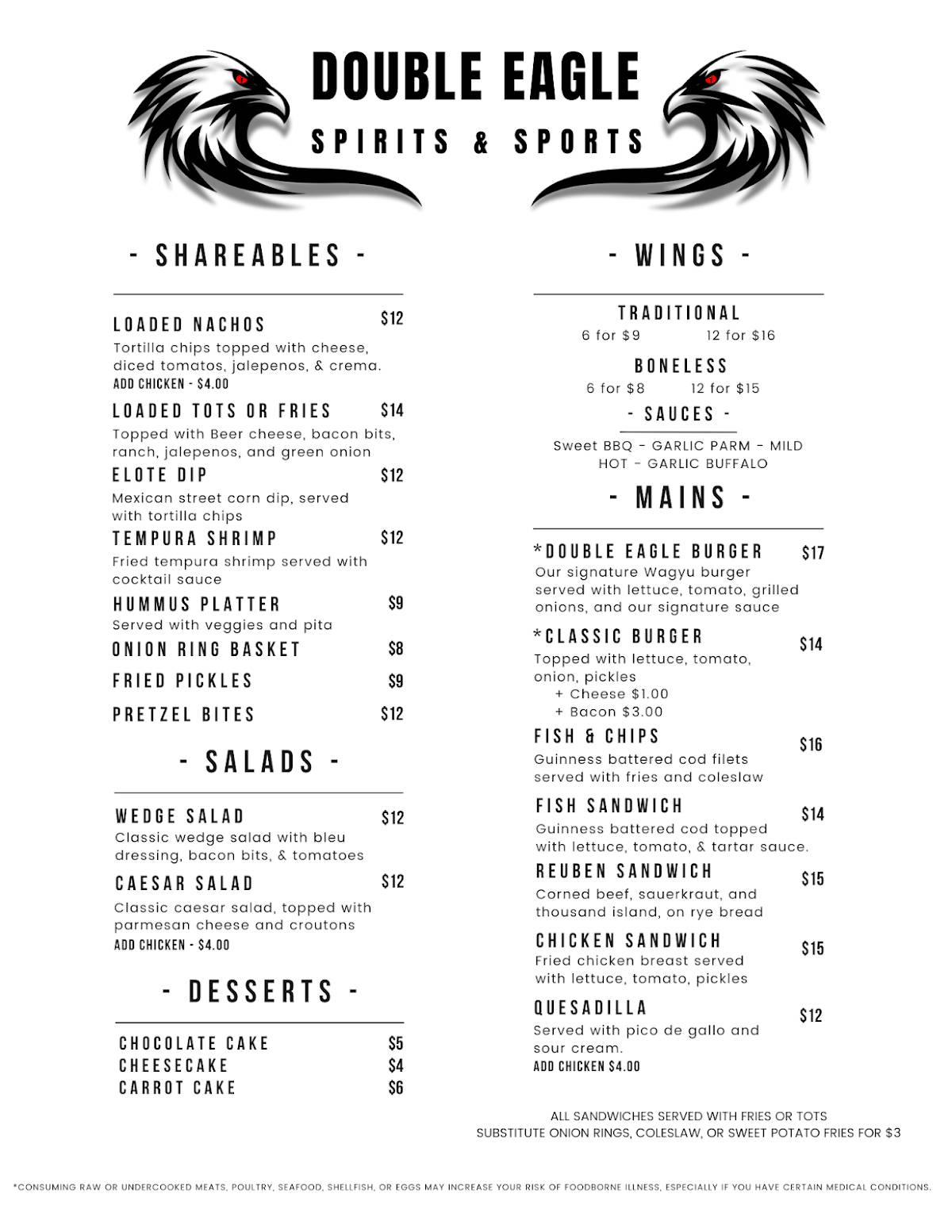 Carta del pub y bar Double Eagle Spirits & Sports, Worthington