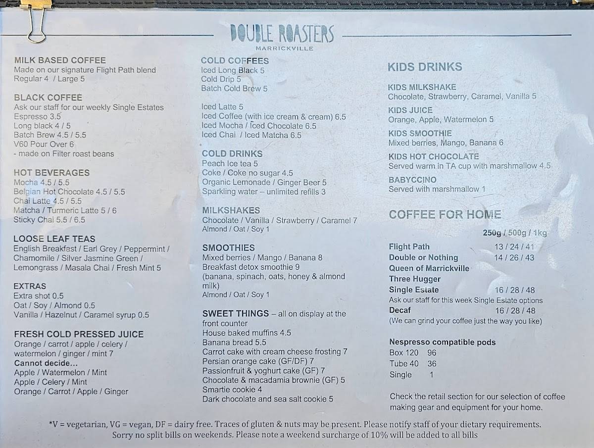 Menu at Double Roasters Cafe, Marrickville, 199 Victoria Rd
