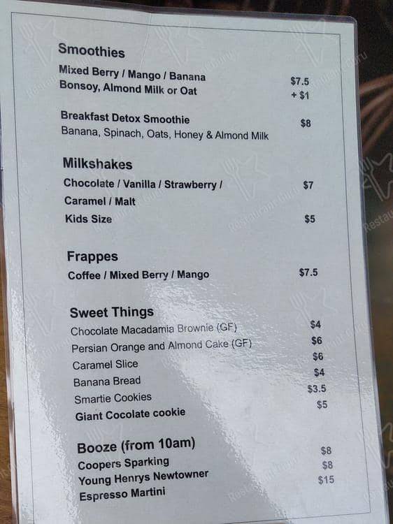 Menu at Double Roasters Cafe, Marrickville, 199 Victoria Rd