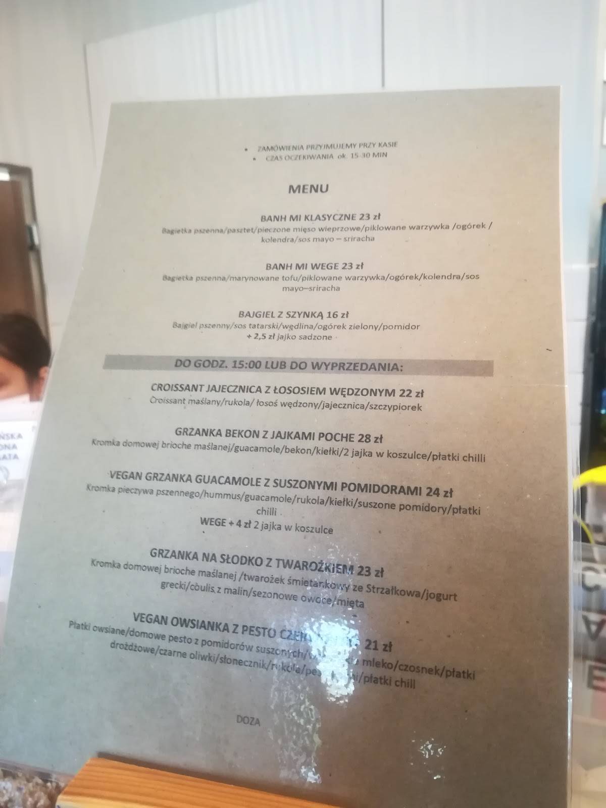 Menu at Doza cafe, Warsaw