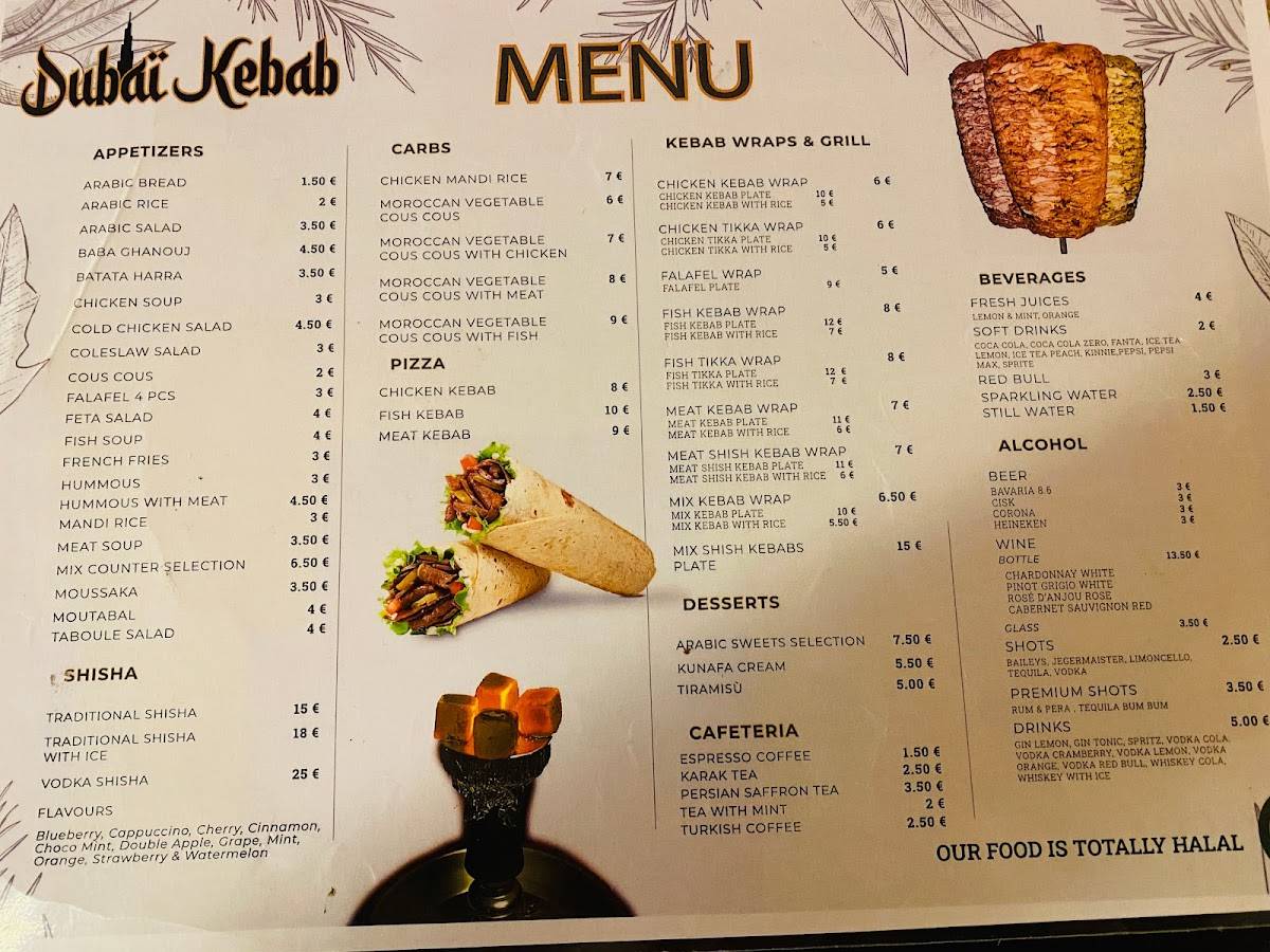 Menu au Dubai Kebab restaurant, San Pawl il-Baħar