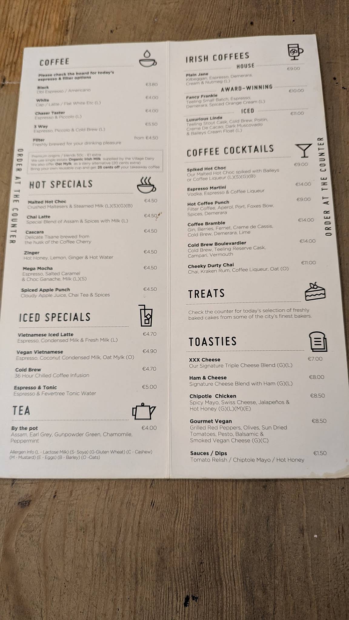Menu at Vice Coffee Inc cafe, Dublin, 54 Middle Abbey St