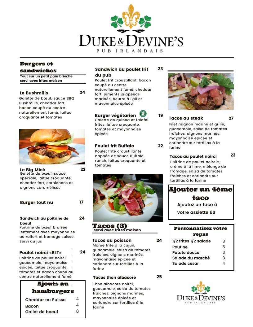 Menu at Duke & Devine's Irish Pub Beaurepaire, Beaconsfield