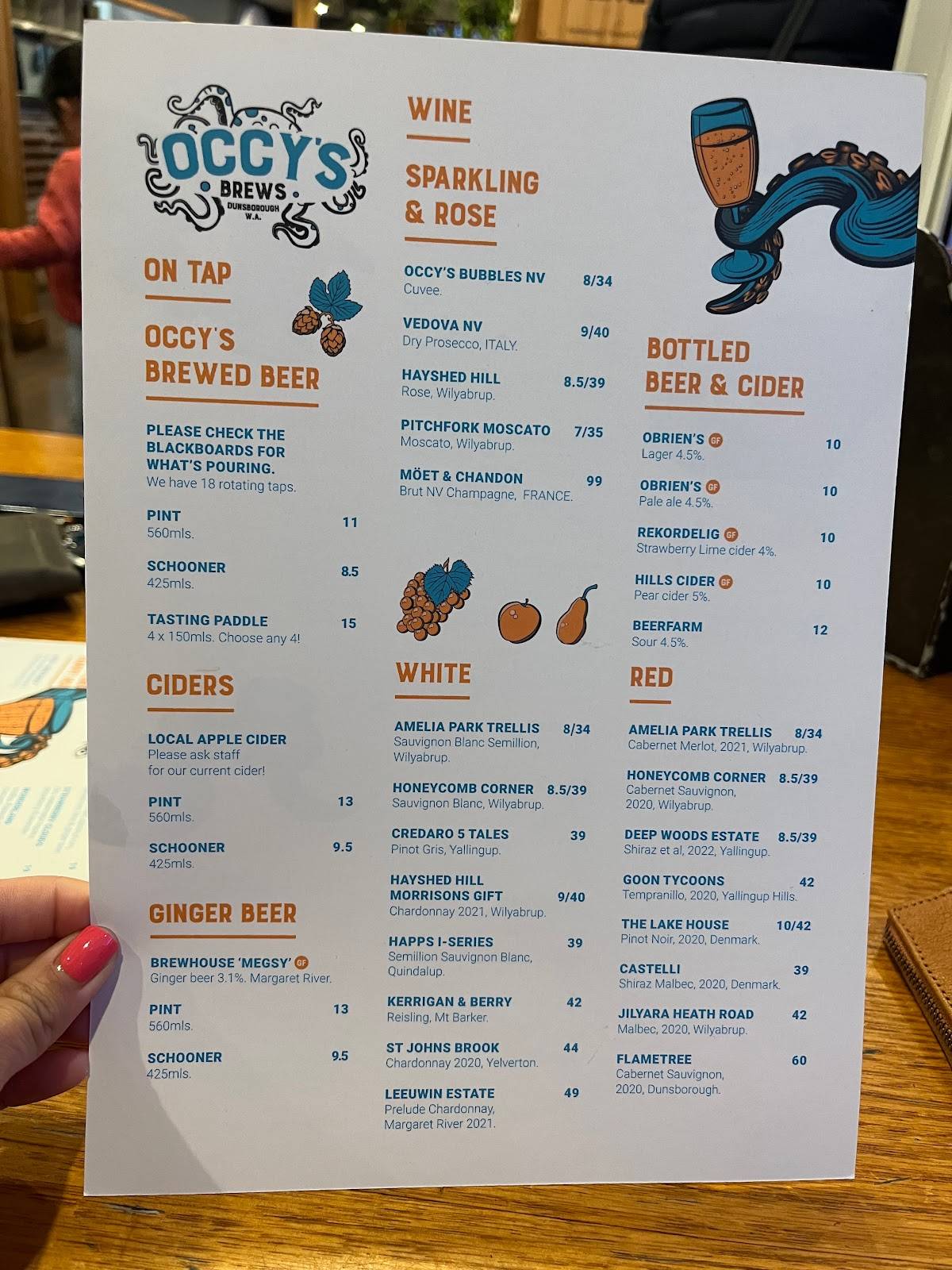 Menu at Occy's restaurant, Dunsborough, 12/34 Dunn Bay Rd