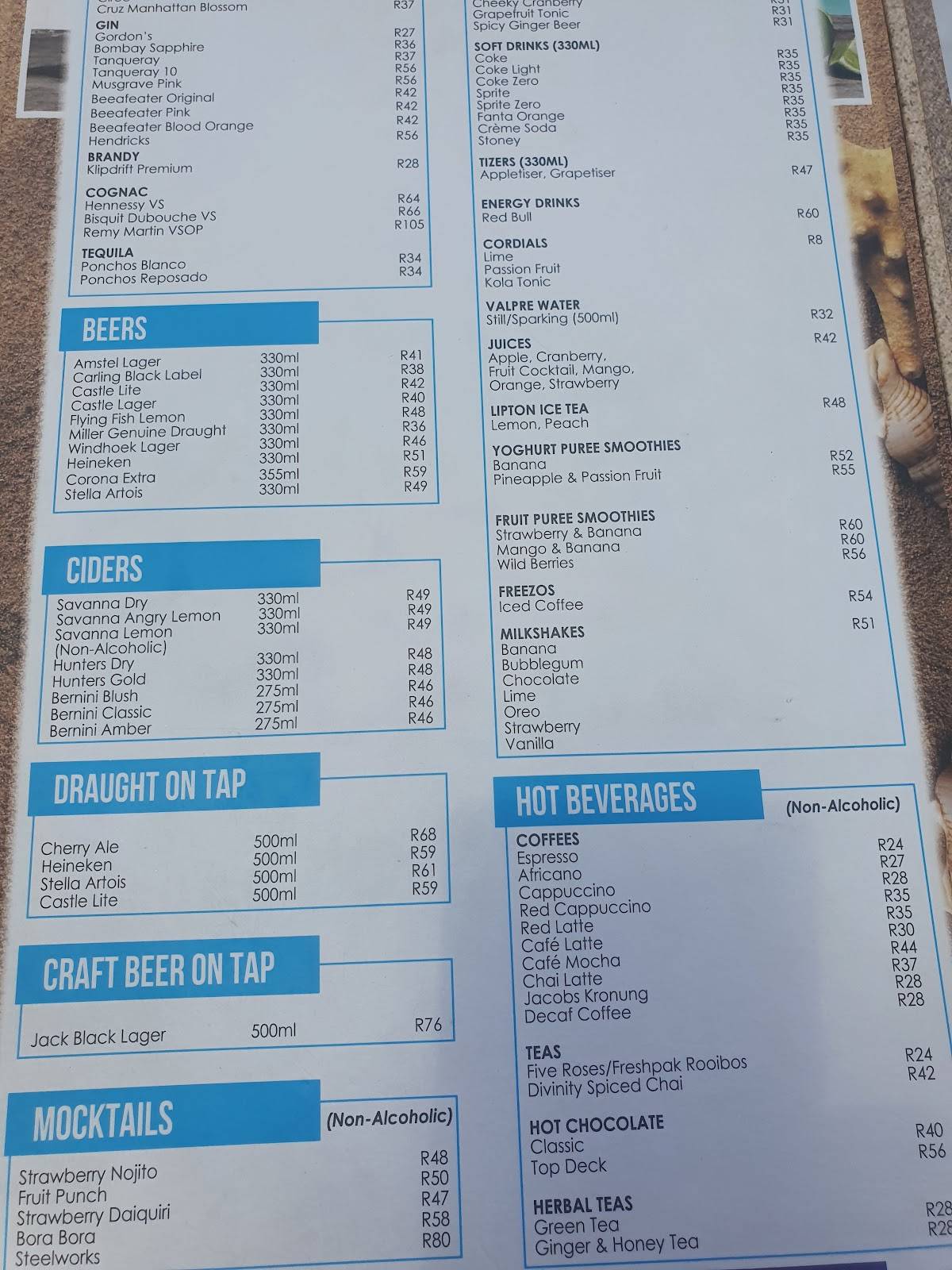 Menu at California Dreaming restaurant, Durban, 150 Marine Parade