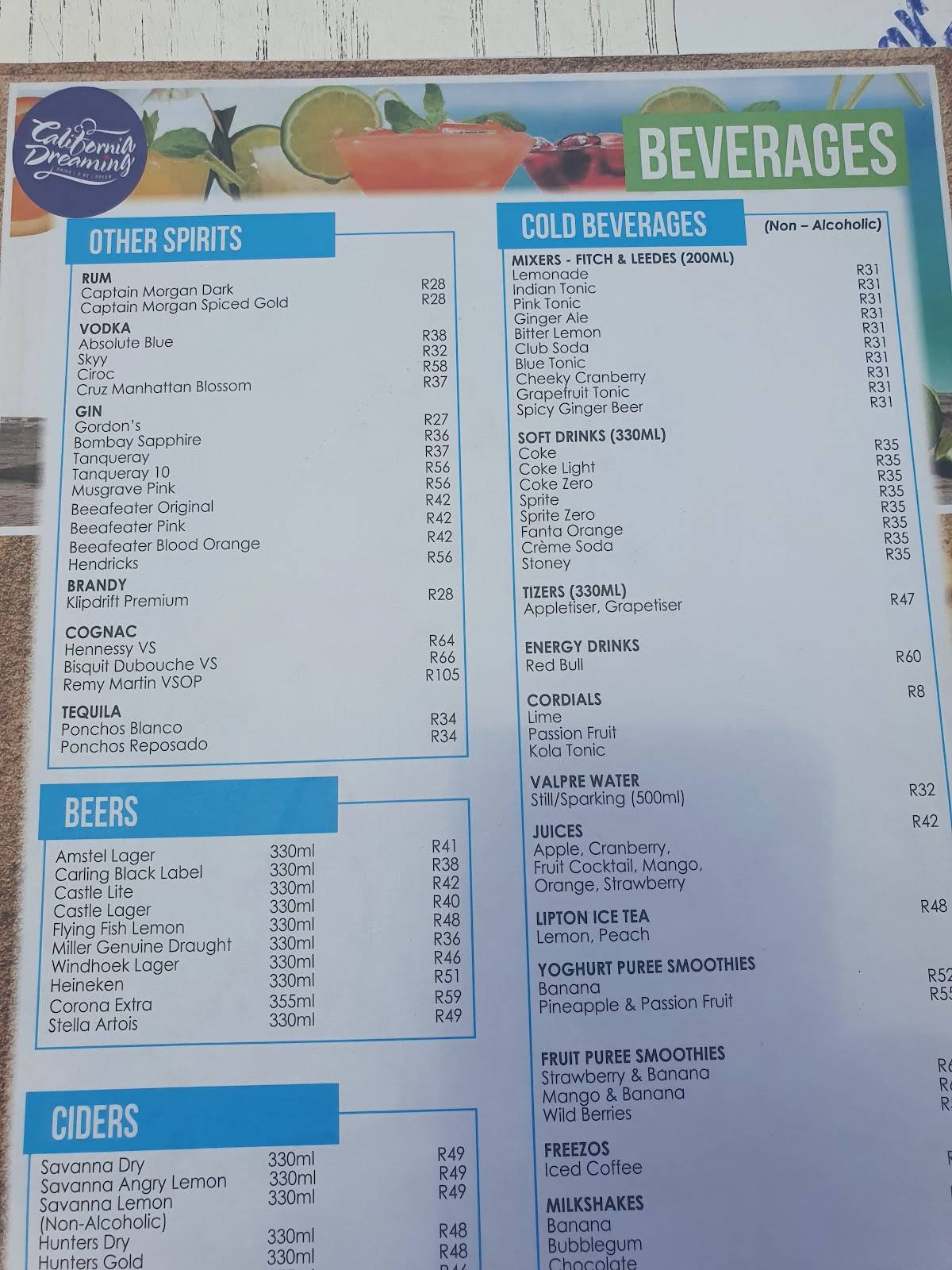 Menu at California Dreaming restaurant, Durban, 150 Marine Parade