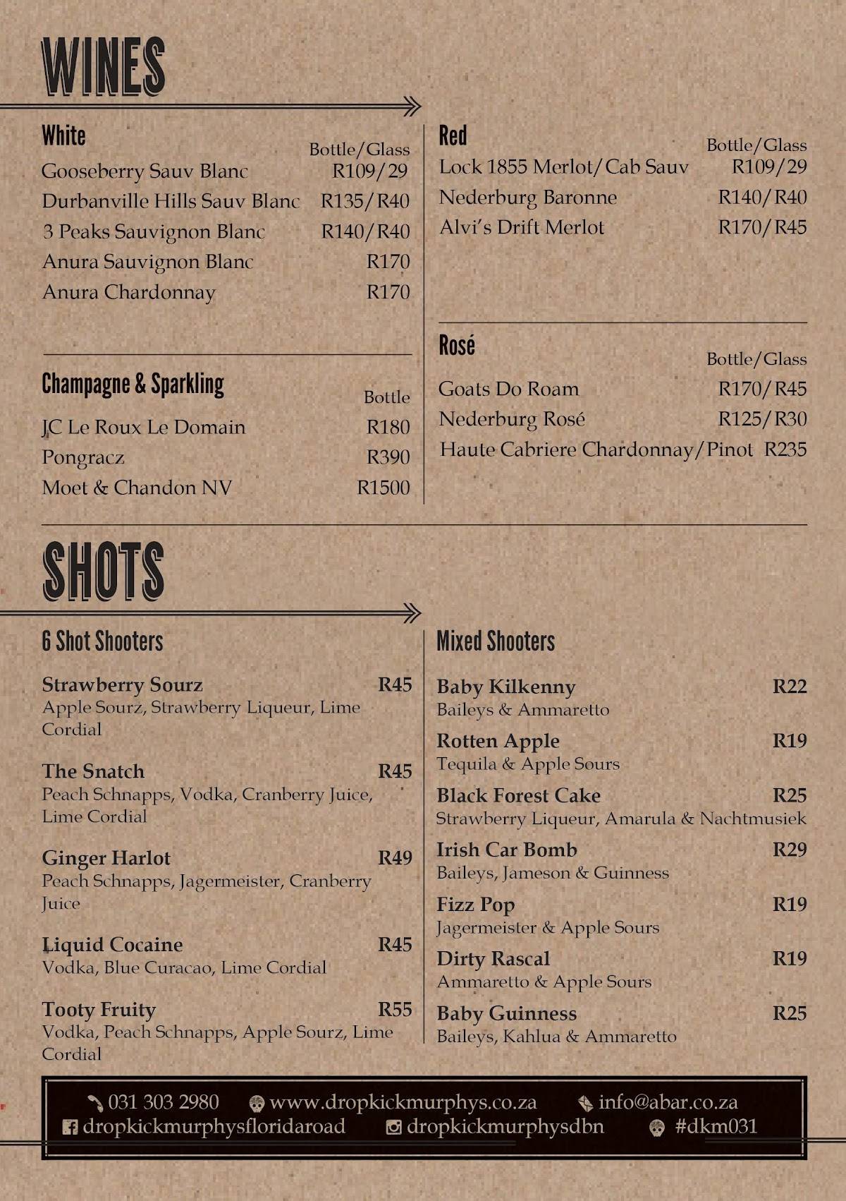 Menu at Dropkick Murphy's restaurant, Durban