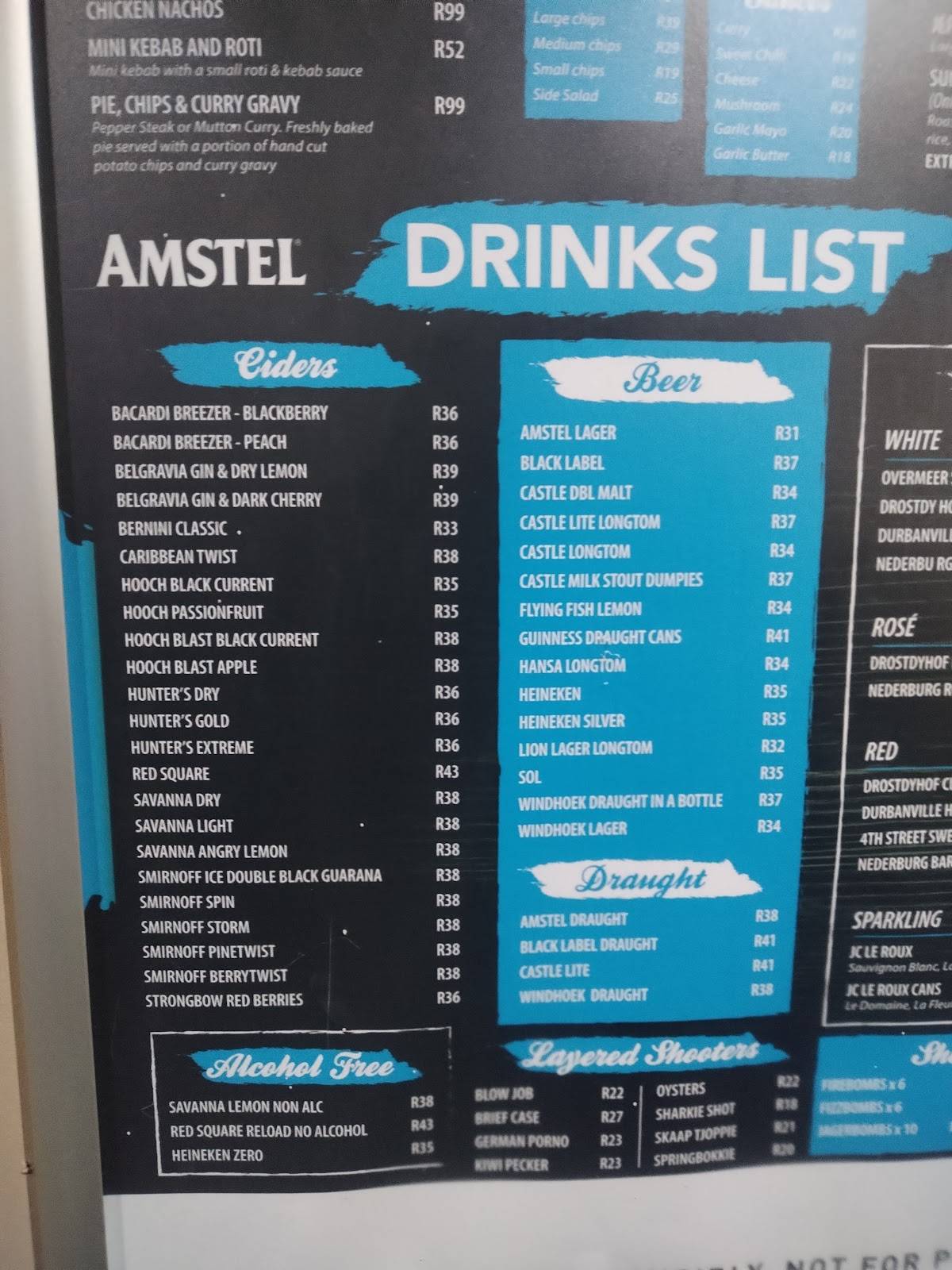 Menu at Musketeers Bar & Restaurant, Durban