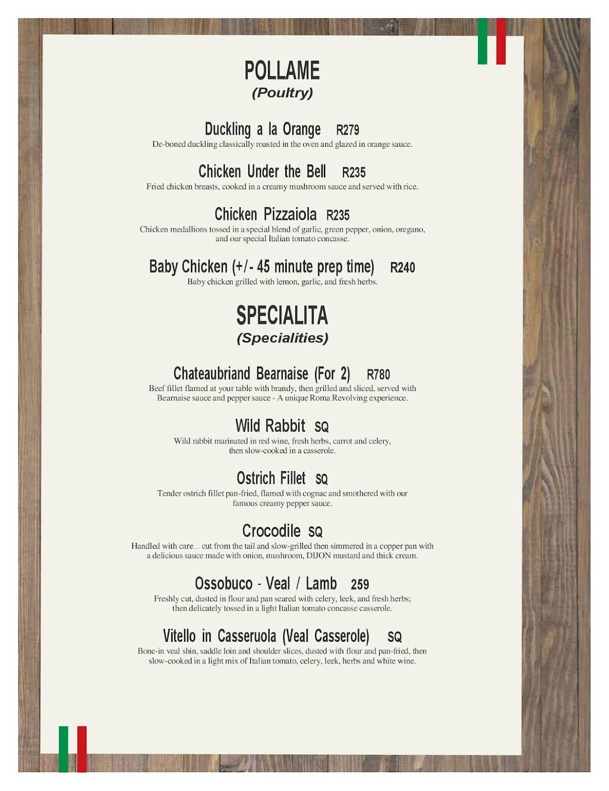 Menu at Roma Revolving Restaurant, Durban, 32 John Ross House