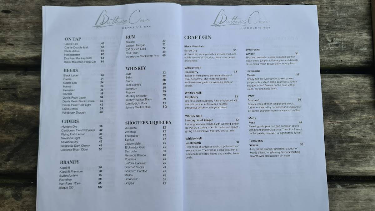 Menu at Dutton's Cove Restaurant, Herolds Bay