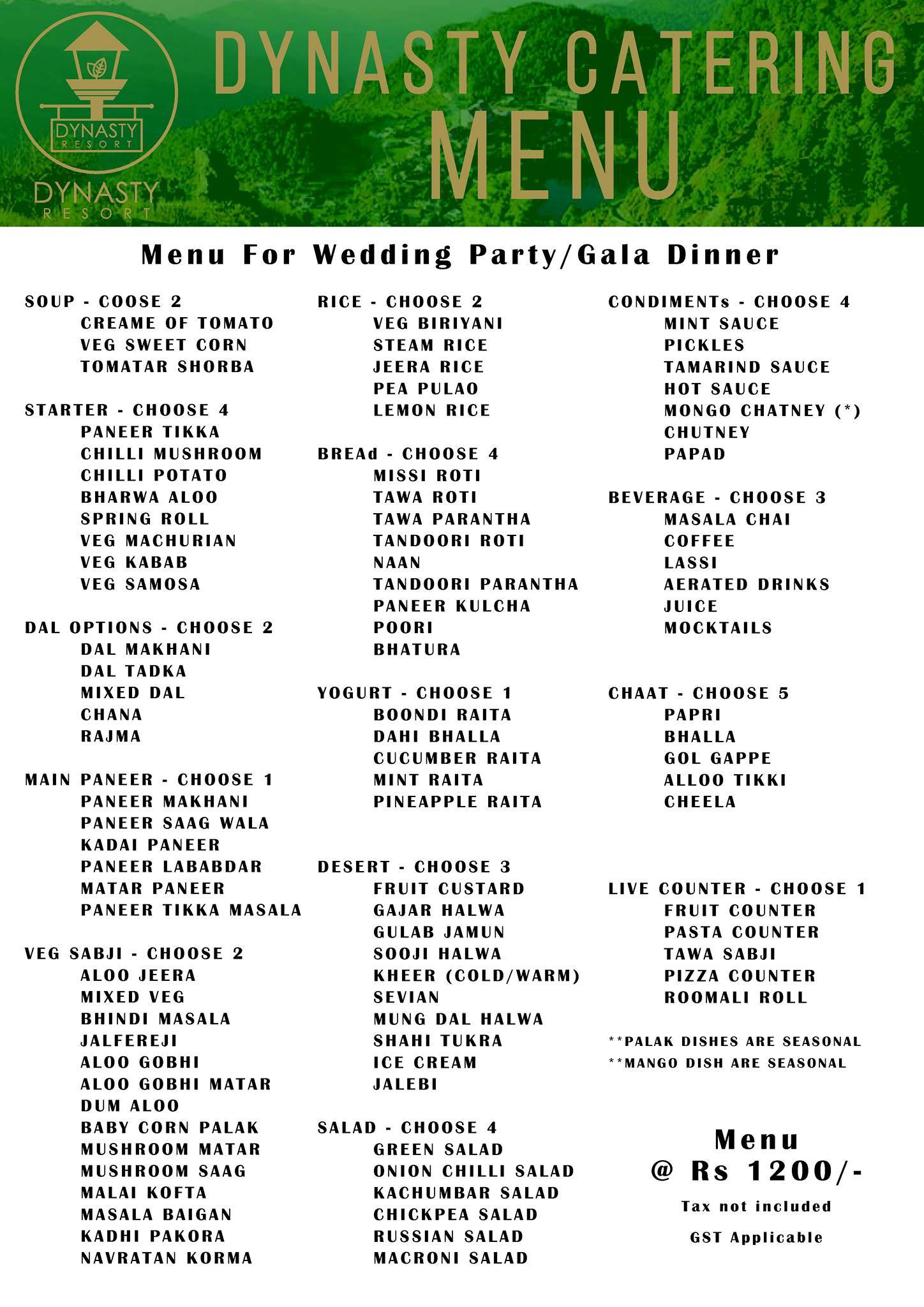 Menu at Dynasty Resort, Khurpatal