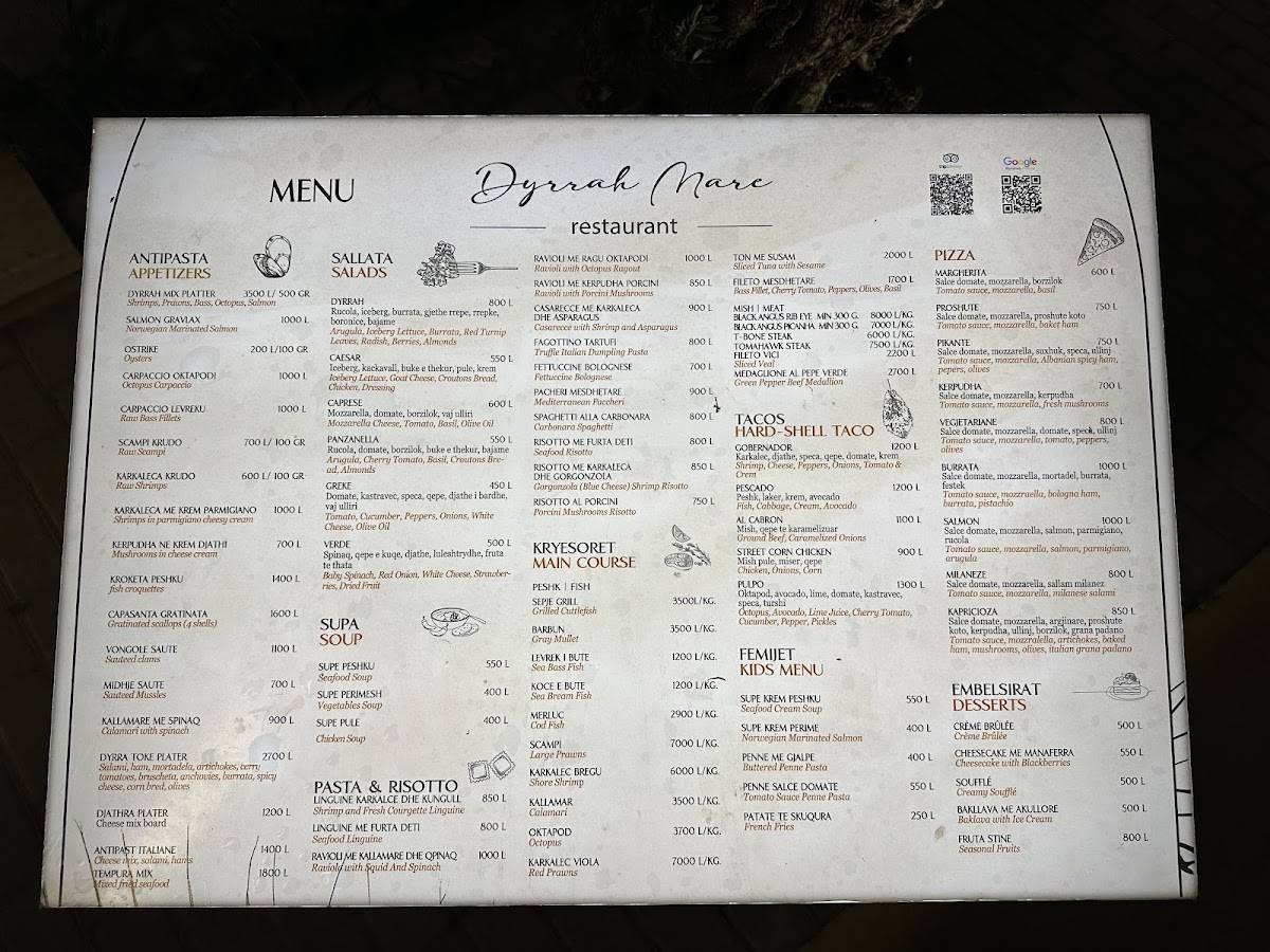 Menu at Dyrrah Mare Restaurant, Durrës