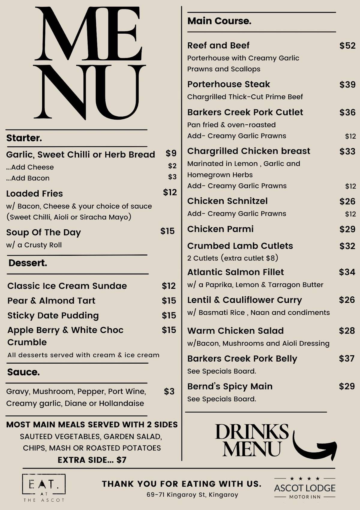 Menu at EAT. At The Ascot restaurant, Kingaroy