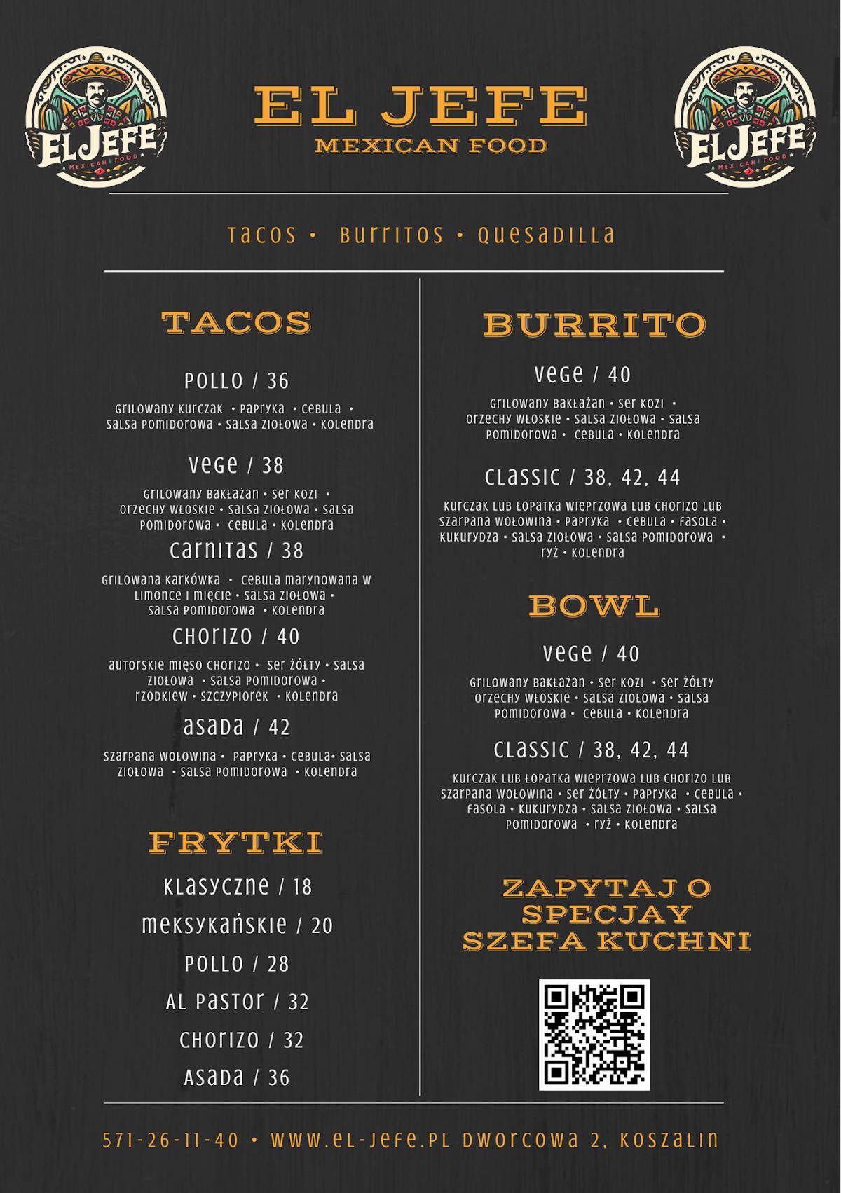 Menu at EL Jefe Mexican Food restaurant, Koszalin