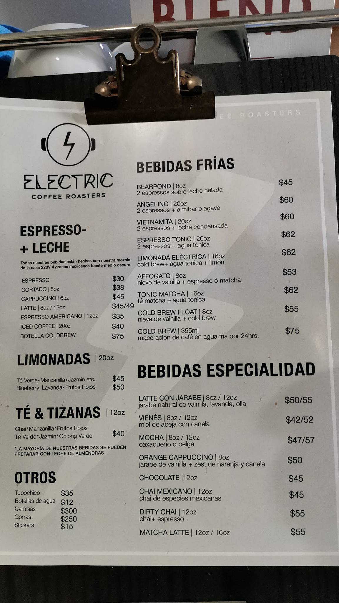 Carta del café ELECTRIC COFFEE ROASTERS, Tijuana, Av. Hipódromo 9- A-9- A