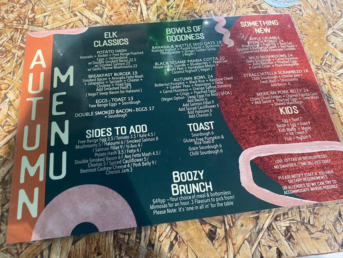 Menu at ELK Espresso cafe, Gold Coast, Shop G044 Oasis Shopping Centre