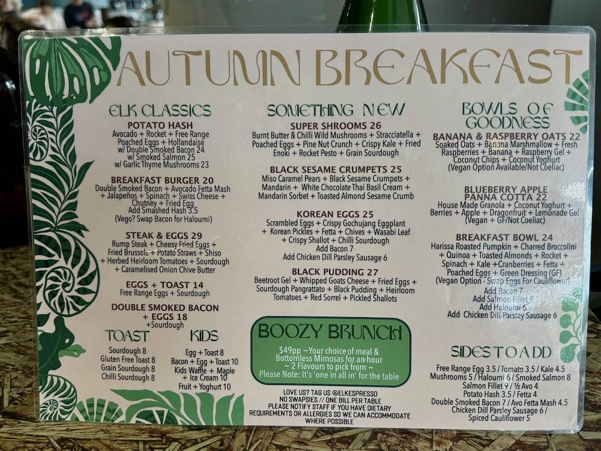 Menu at ELK Espresso cafe, Broadbeach, Shop G044 Oasis Shopping Centre