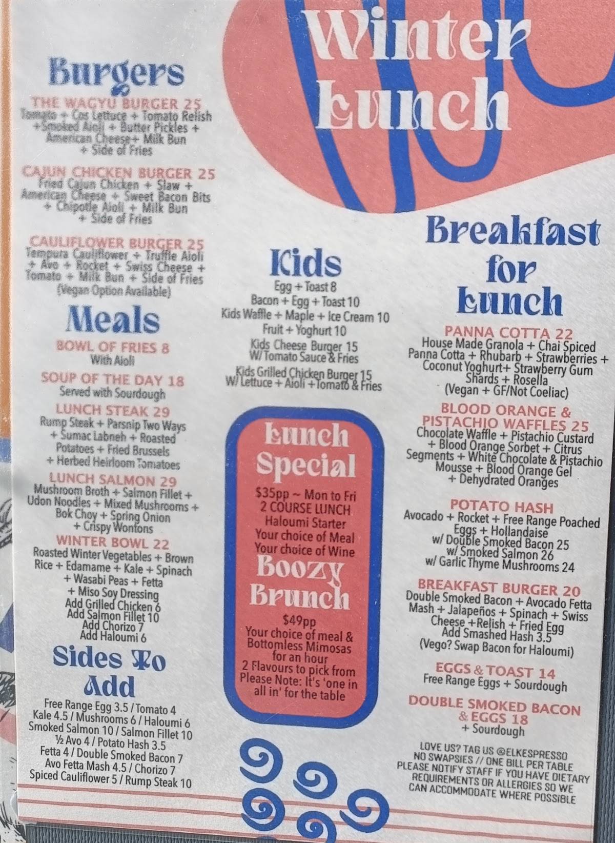 Menu at ELK Espresso cafe, Broadbeach, Shop G044 Oasis Shopping Centre