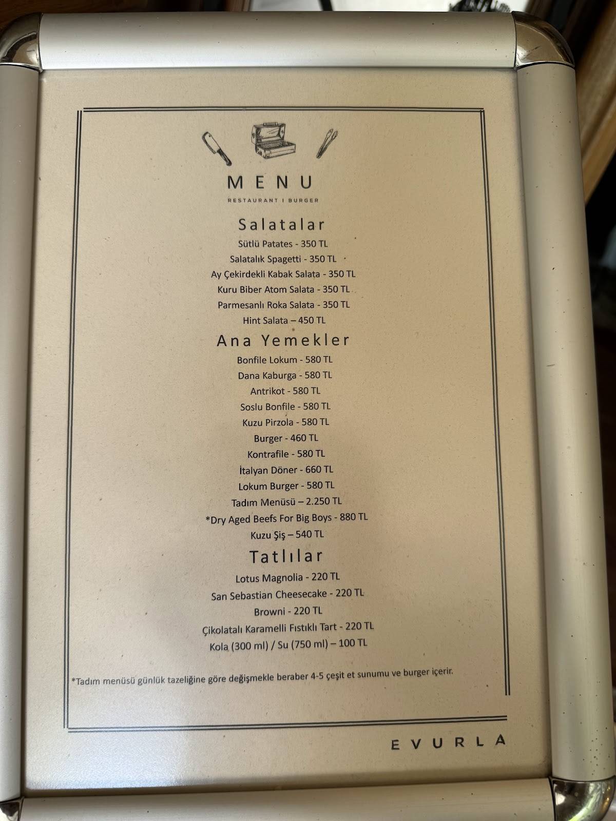 Menu at EV URLA RESTORAN, Urla