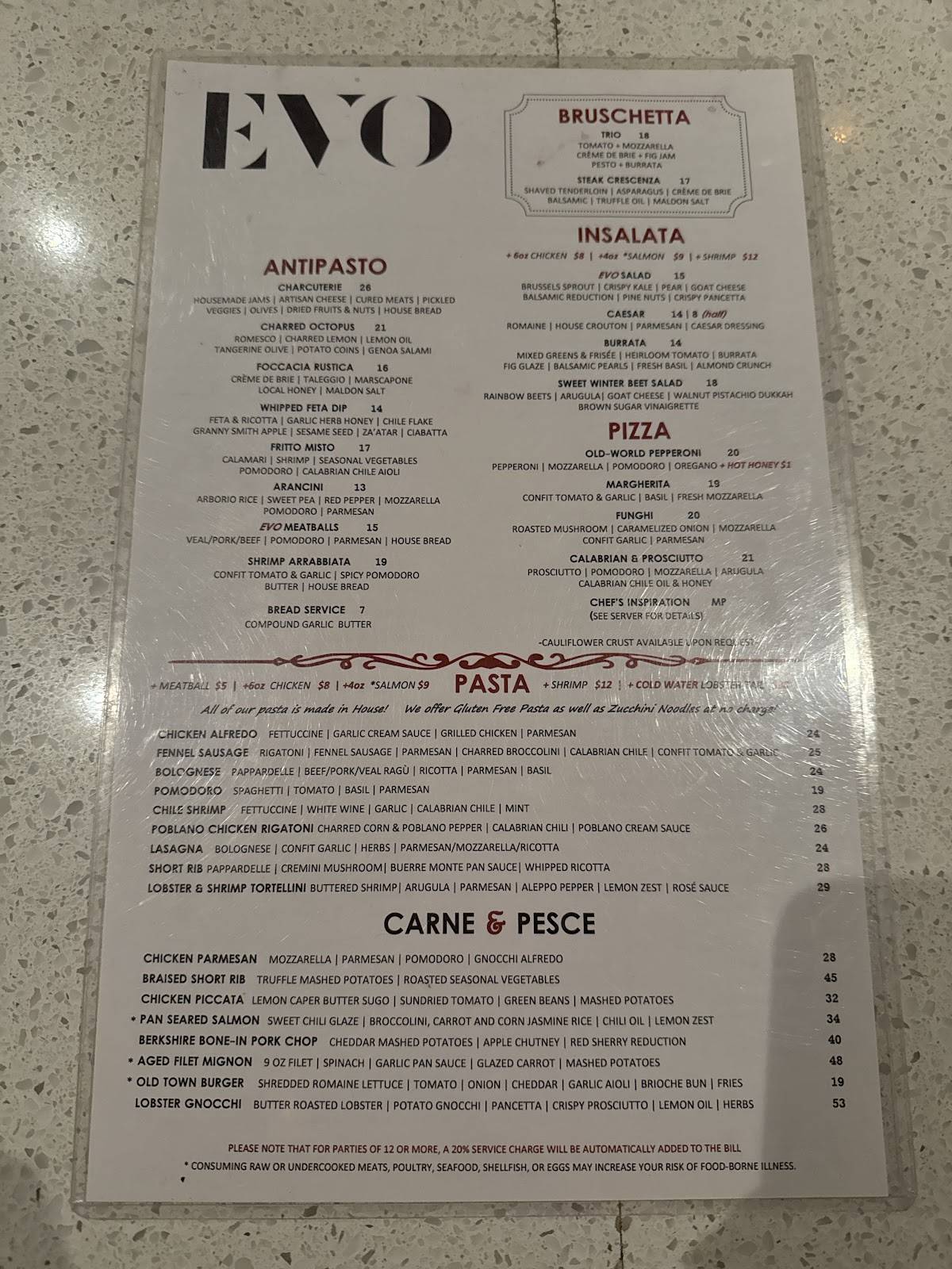 Menu at EVO Old Town Scottsdale restaurant, Scottsdale