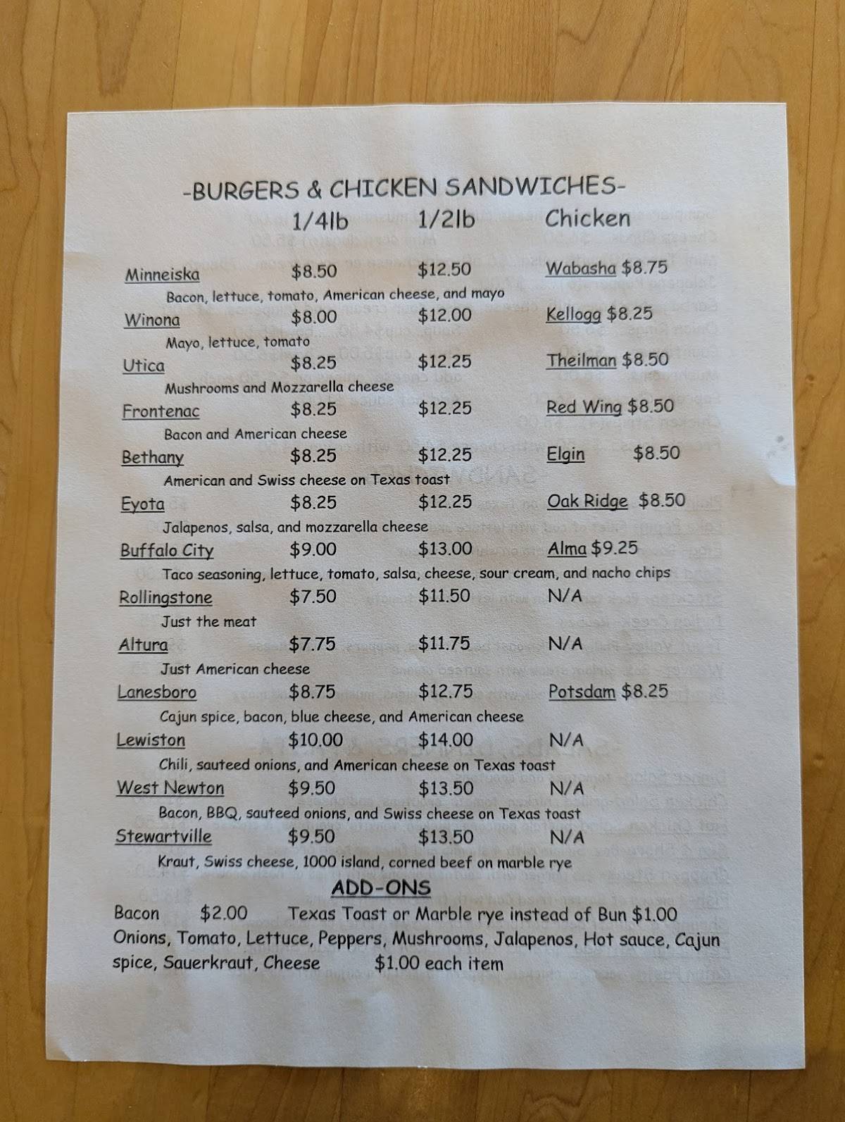 Menu at Eagle View Bar & Grill, Minneiska