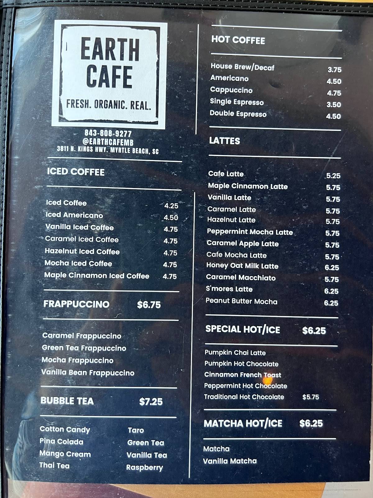 Menu at Earth Cafe, Myrtle Beach