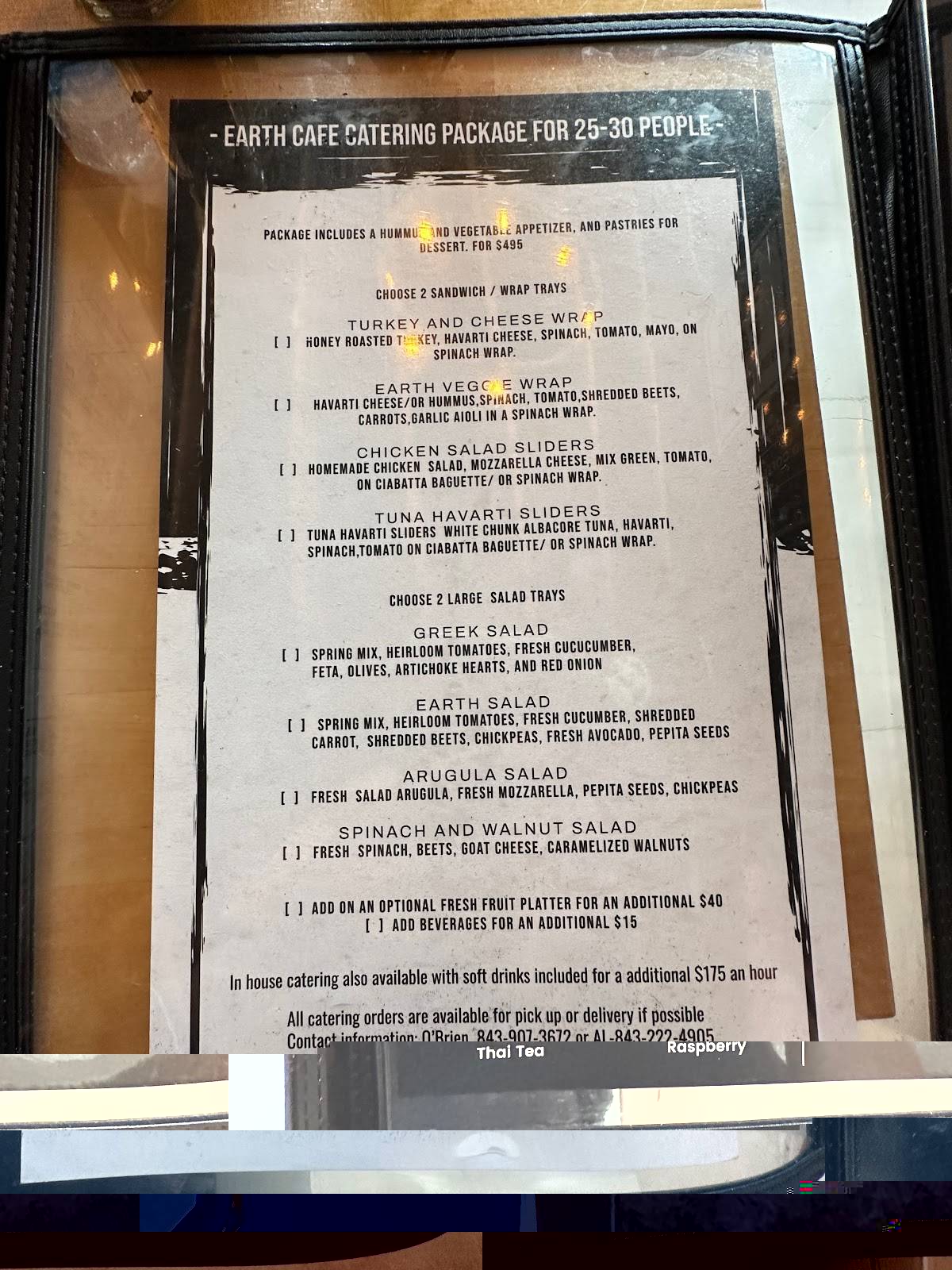 Menu at Earth Cafe, Myrtle Beach