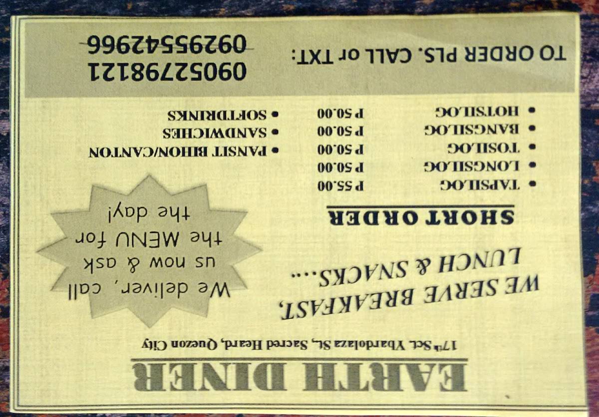 Carta del pub y bar Earth Diner, Ciudad Quezon
