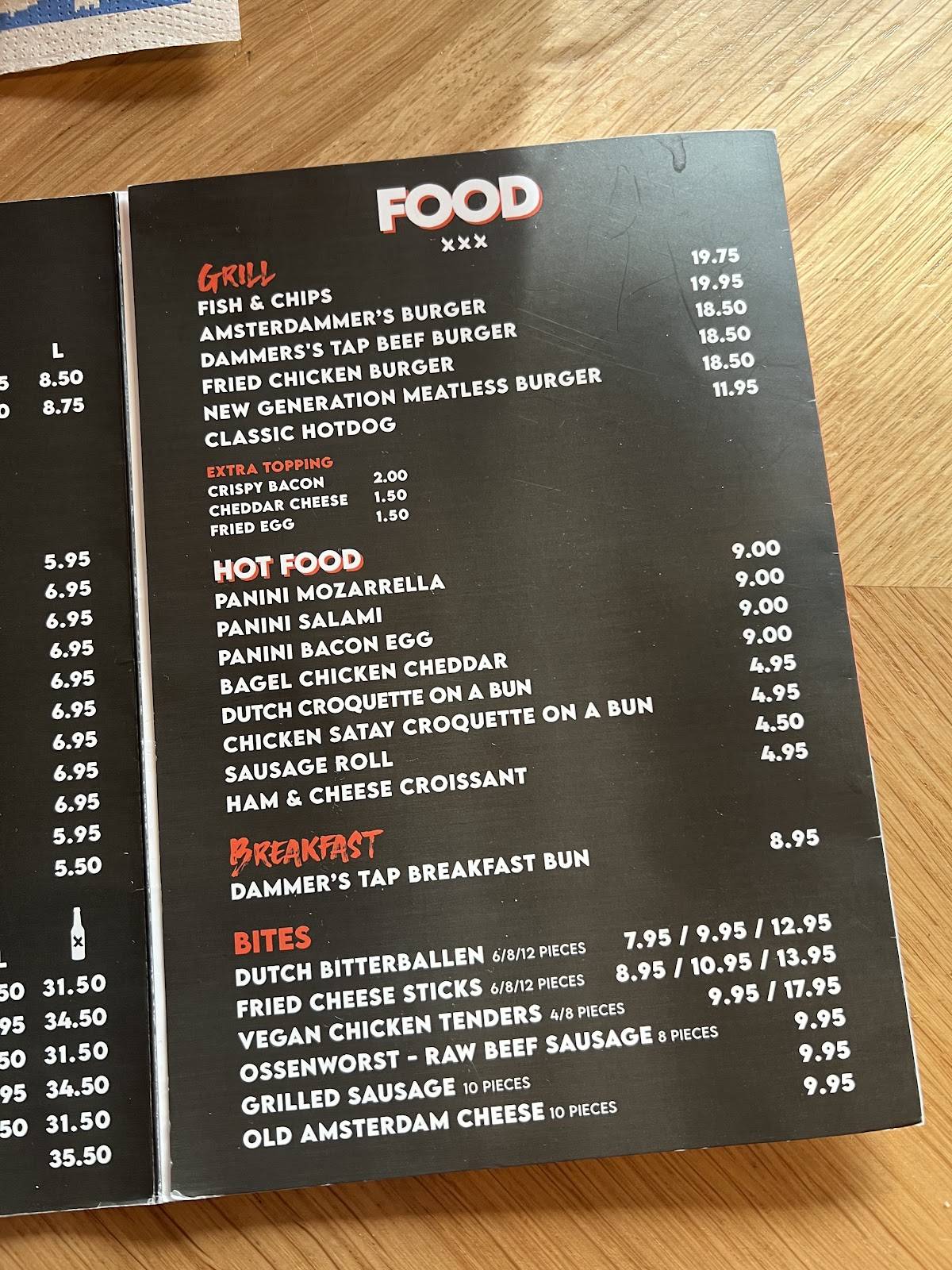 Menu au East Bar & Bites, Aéroport d'Amsterdam-Schiphol