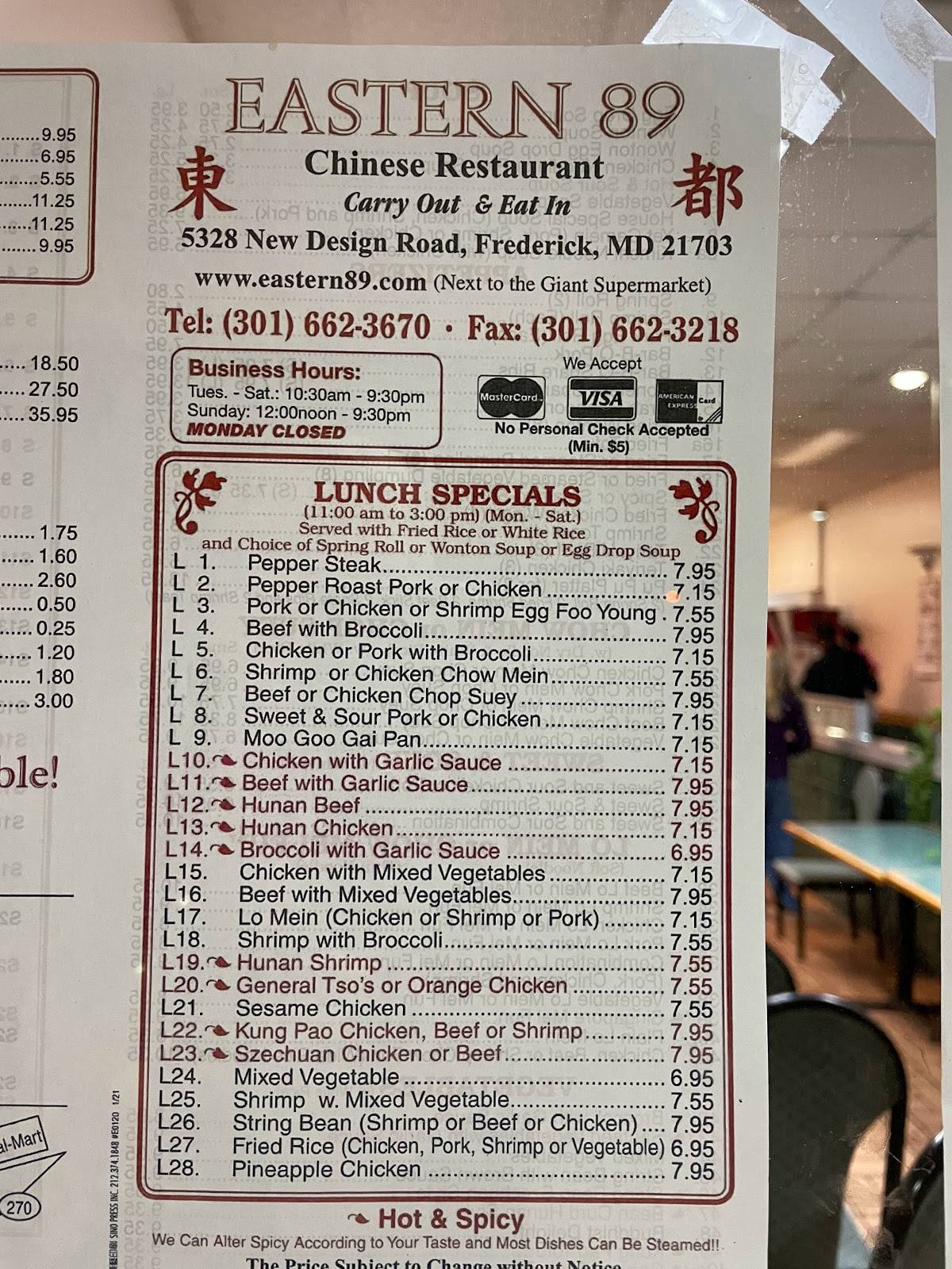 Menu at Eastern 89 restaurant, Frederick