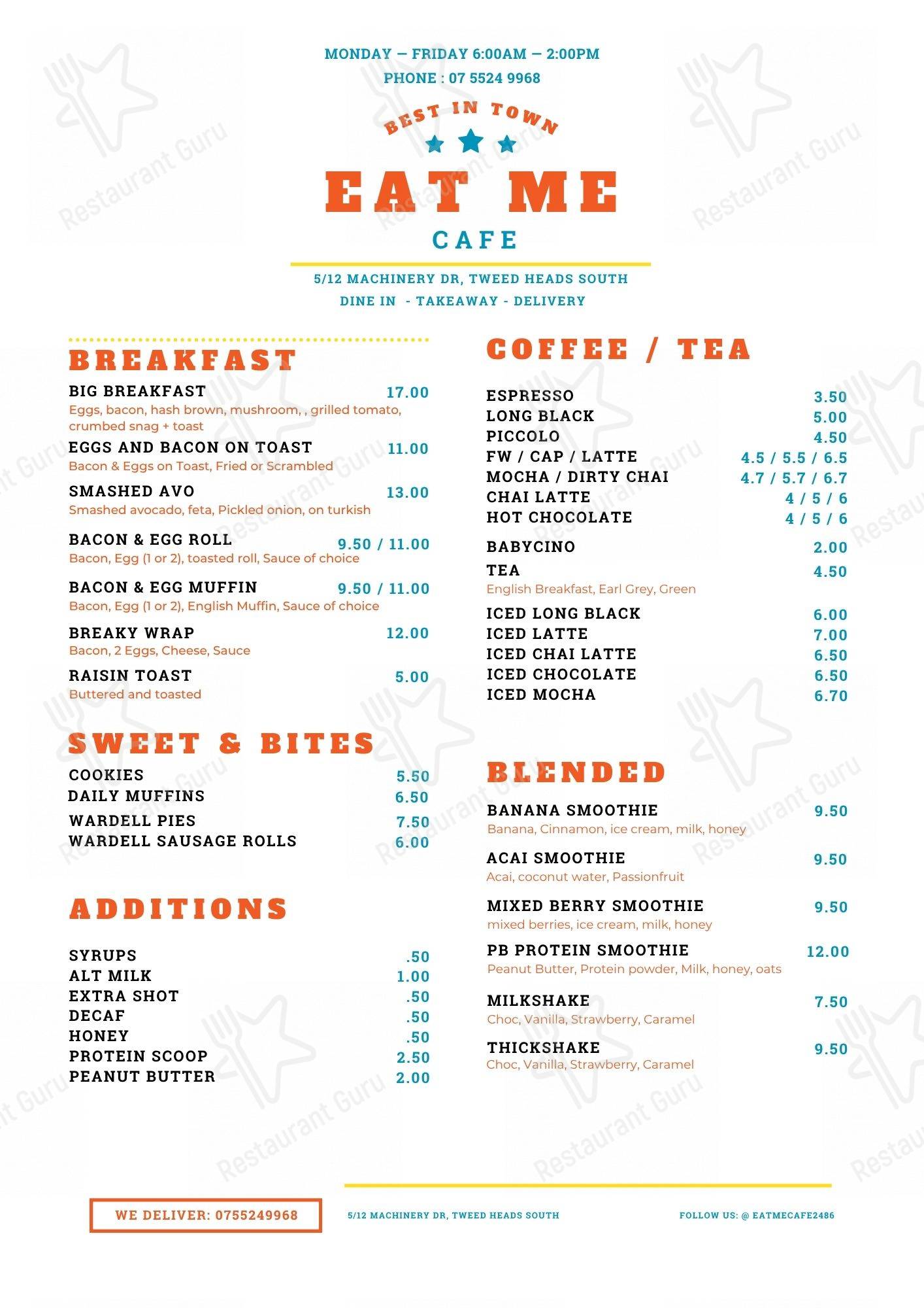 Menu at Eat Me Cafe, Tweed Heads South