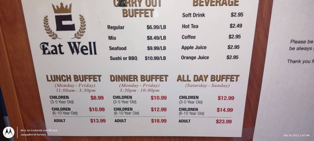 Menu at Eat Well Modern Buffet restaurant, Bergenfield