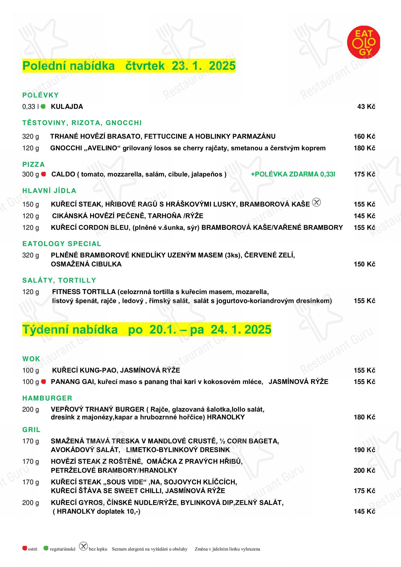 Menu at Eatology restaurant, Brno