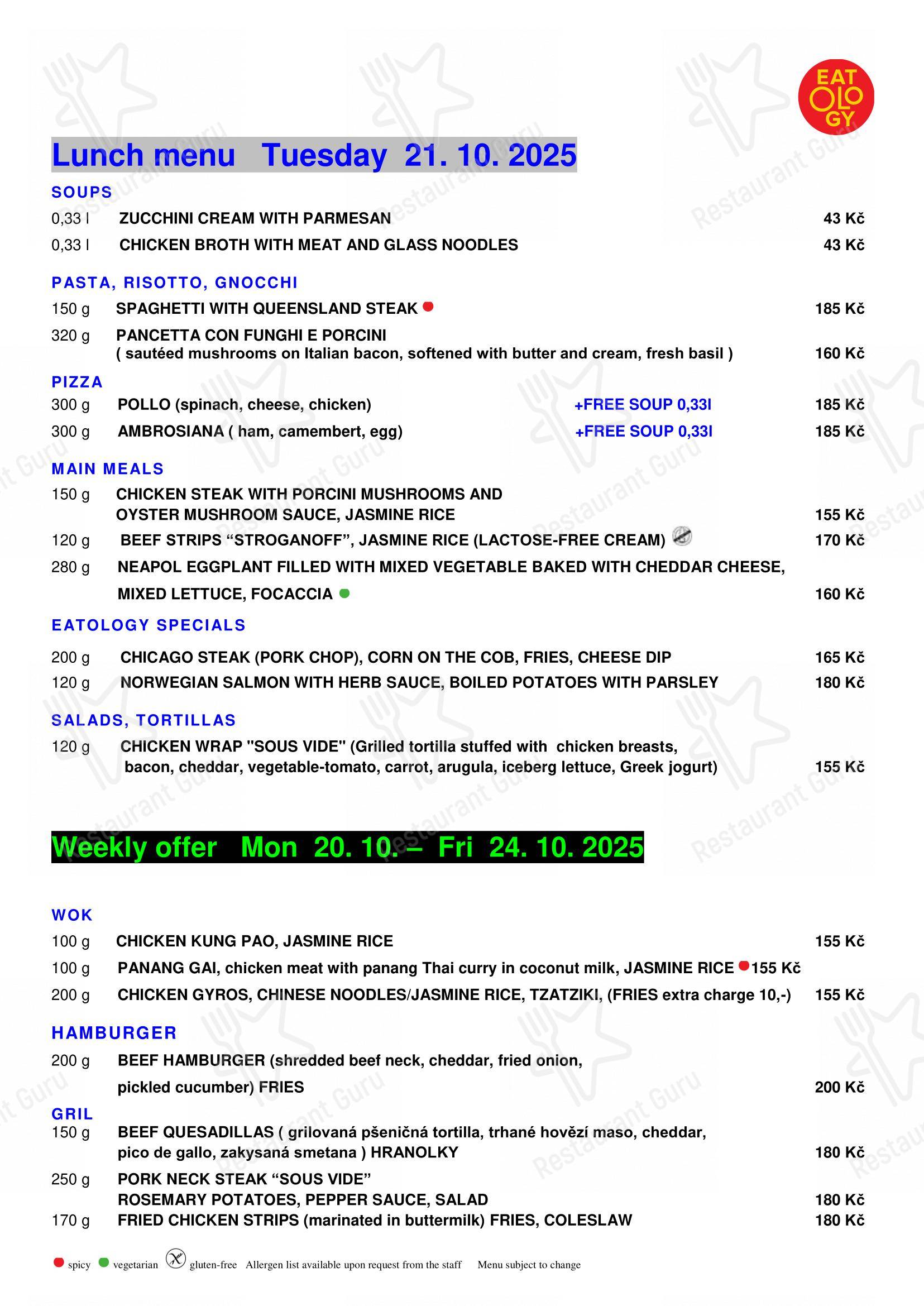 Menu at Eatology restaurant, Brno