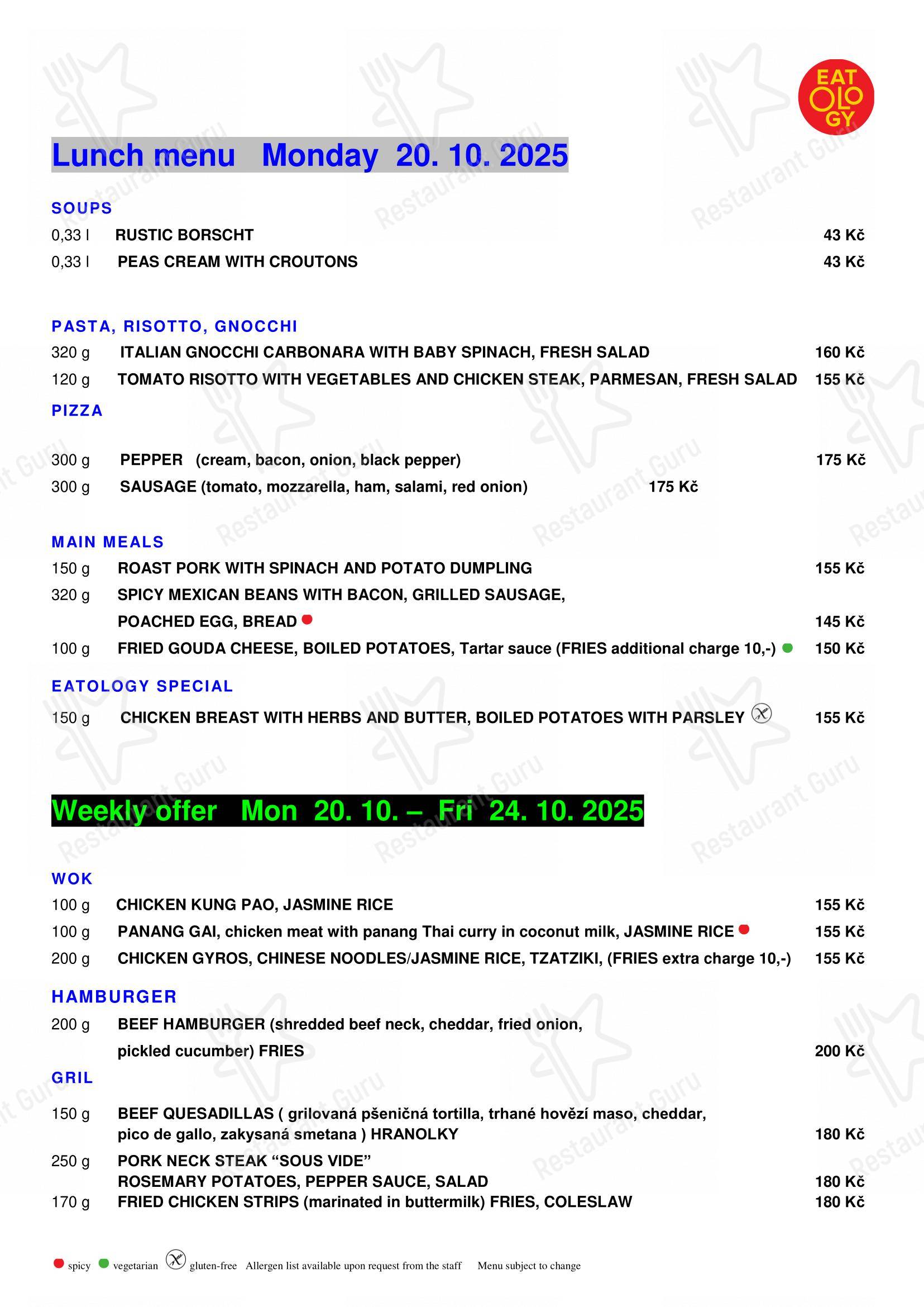 Menu at Eatology restaurant, Brno