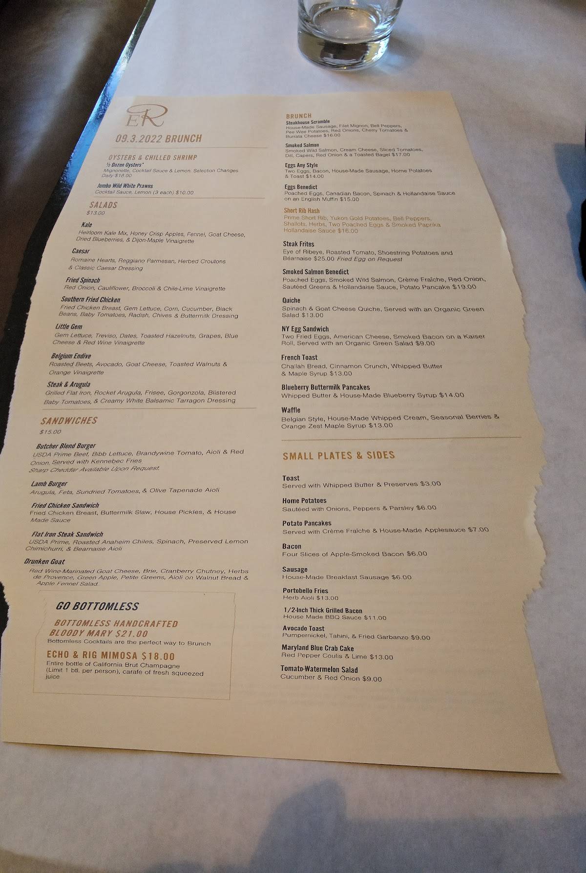 Menu at Echo & Rig steakhouse, Las Vegas