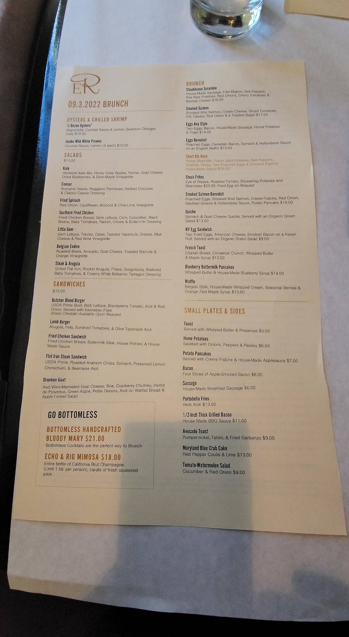 Menu at Echo & Rig steakhouse, Las Vegas