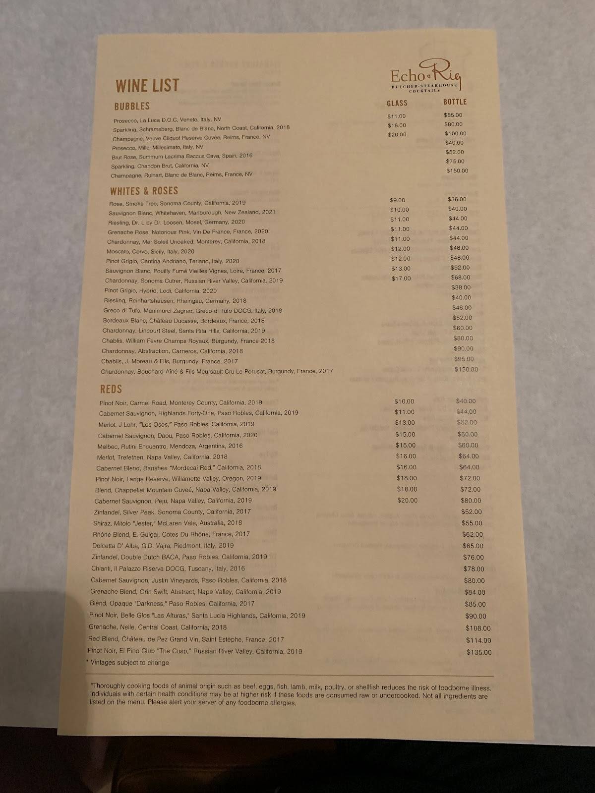 Menu at Echo & Rig steakhouse, Las Vegas