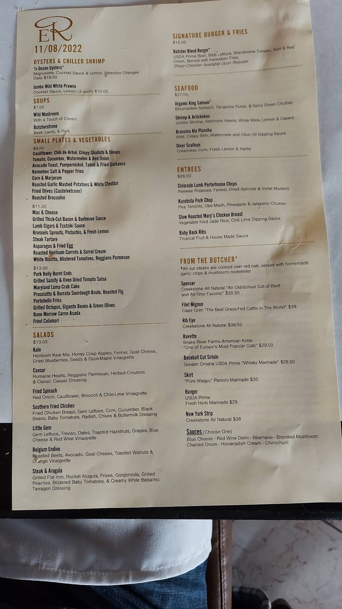 Menu at Echo & Rig steakhouse, Las Vegas