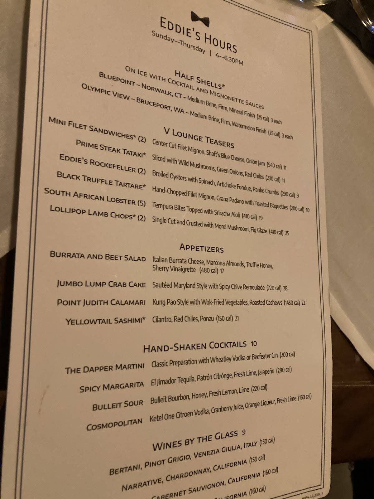 Menu at Eddie V's Prime Seafood steakhouse, Burlington