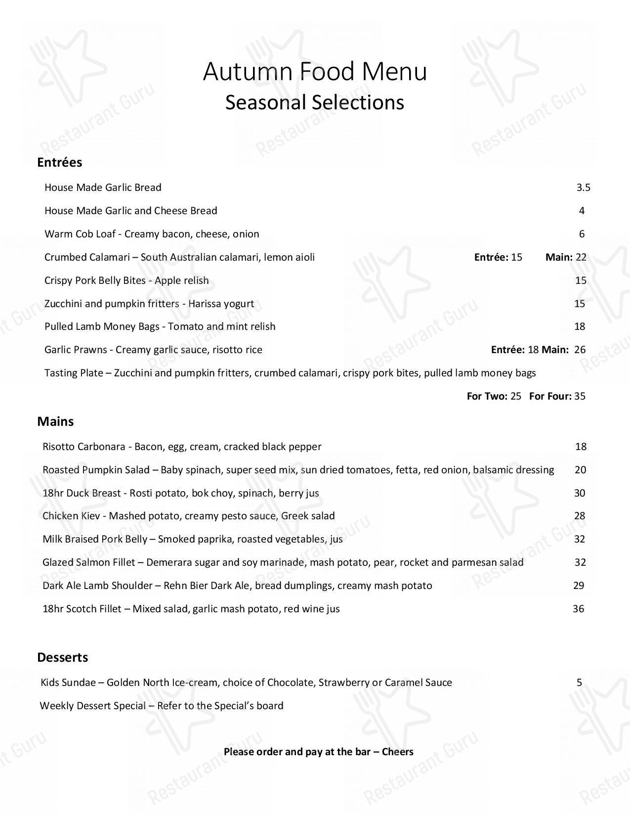 Carta del pub y bar Eden Valley Hotel, Eden Valley