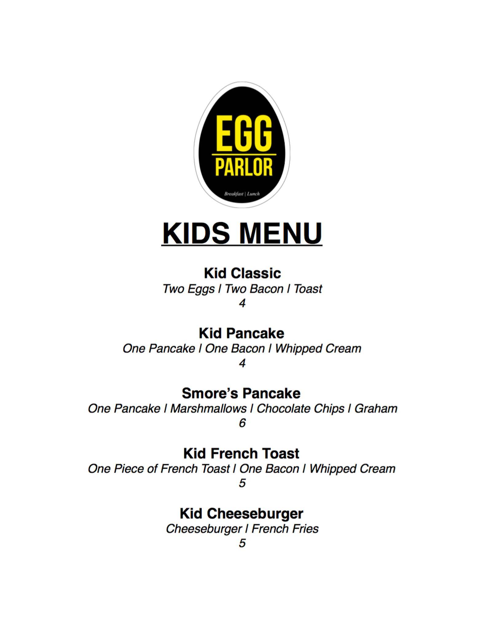 Menu at Egg Parlor restaurant, Silvis