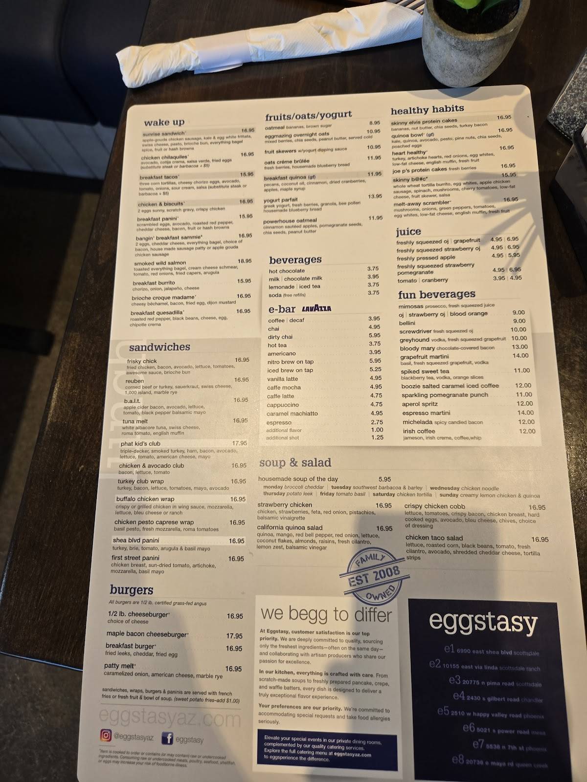 Menu at Eggstasy restaurant, Queen Creek