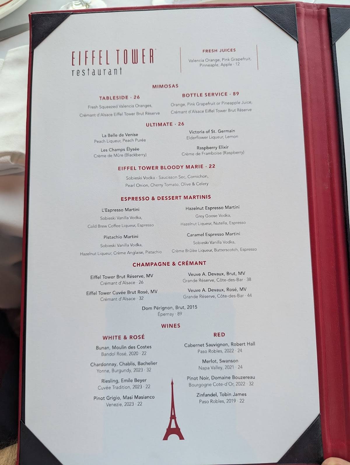 Menu at Eiffel Tower Restaurant, Las Vegas, S Las Vegas Blvd