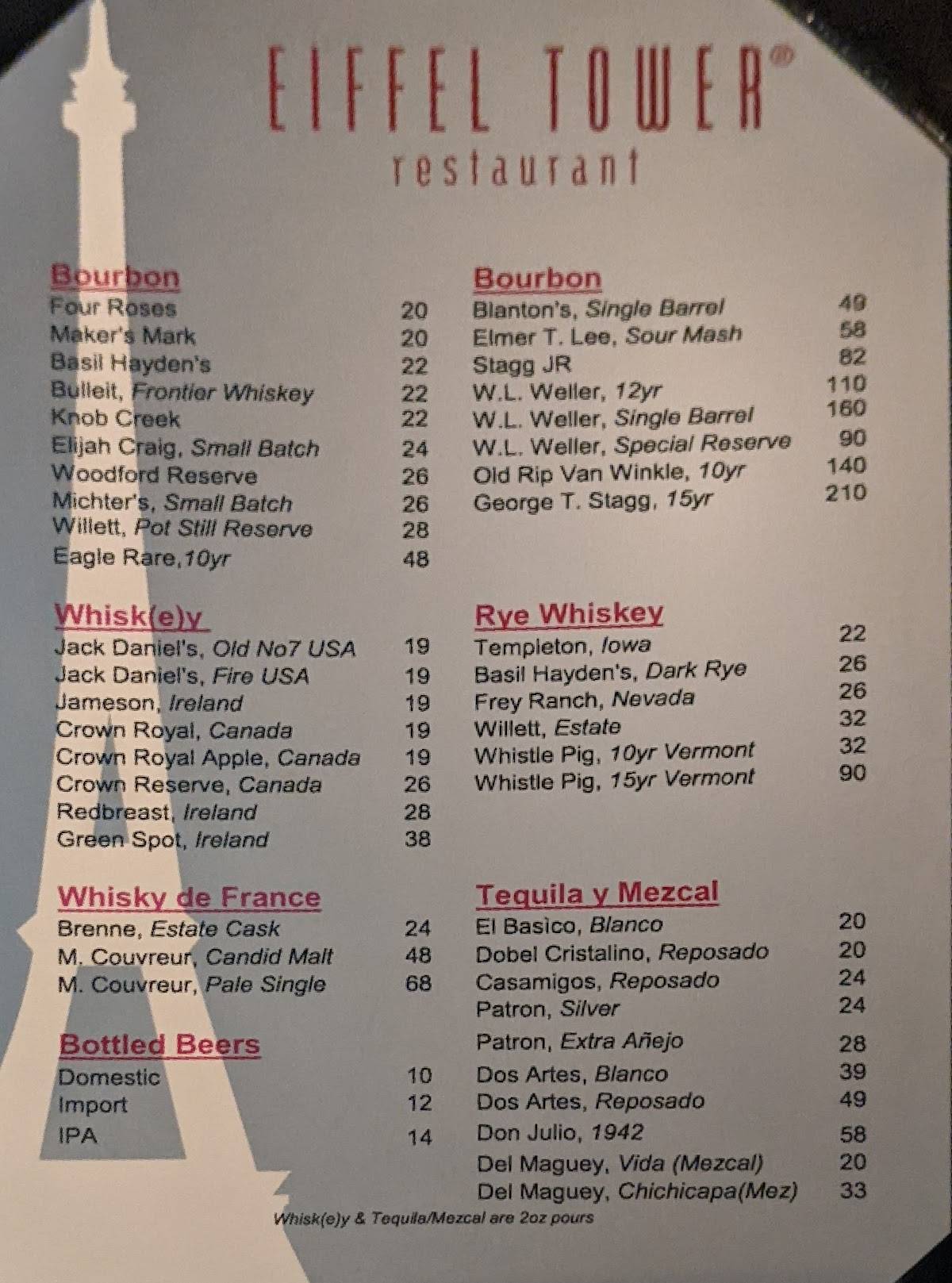 Menu at Eiffel Tower Restaurant, Las Vegas, S Las Vegas Blvd