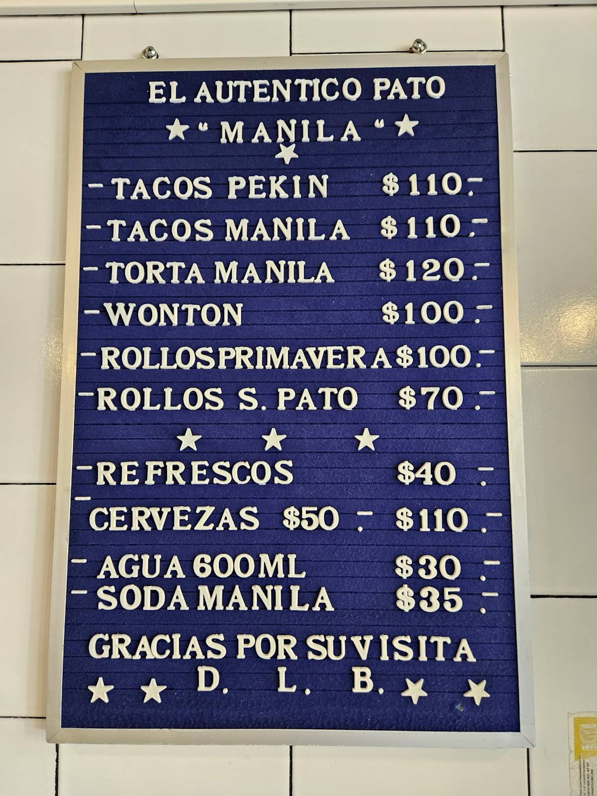 Carta del restaurante El Auténtico Pato Manila "Sucursal Condesa ...