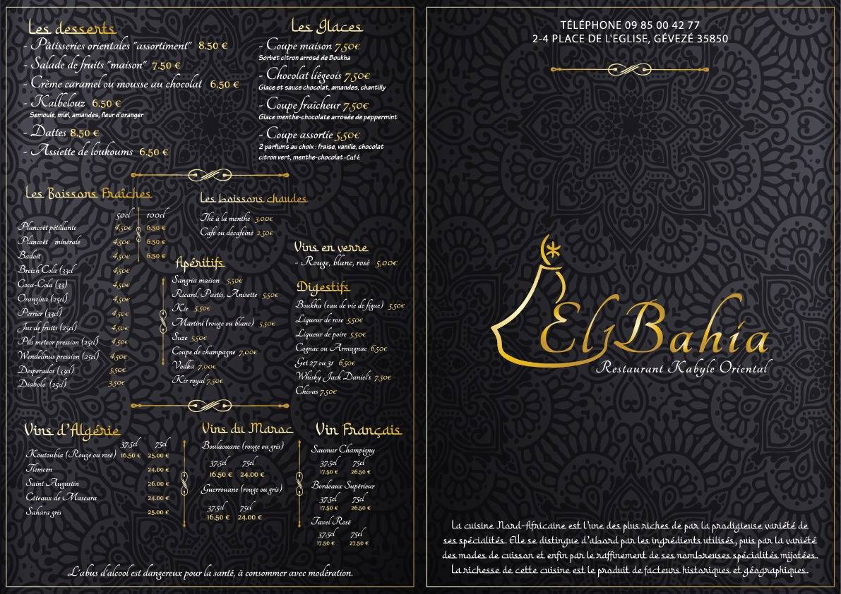 Menu au El Bahia Restaurant, Gévezé